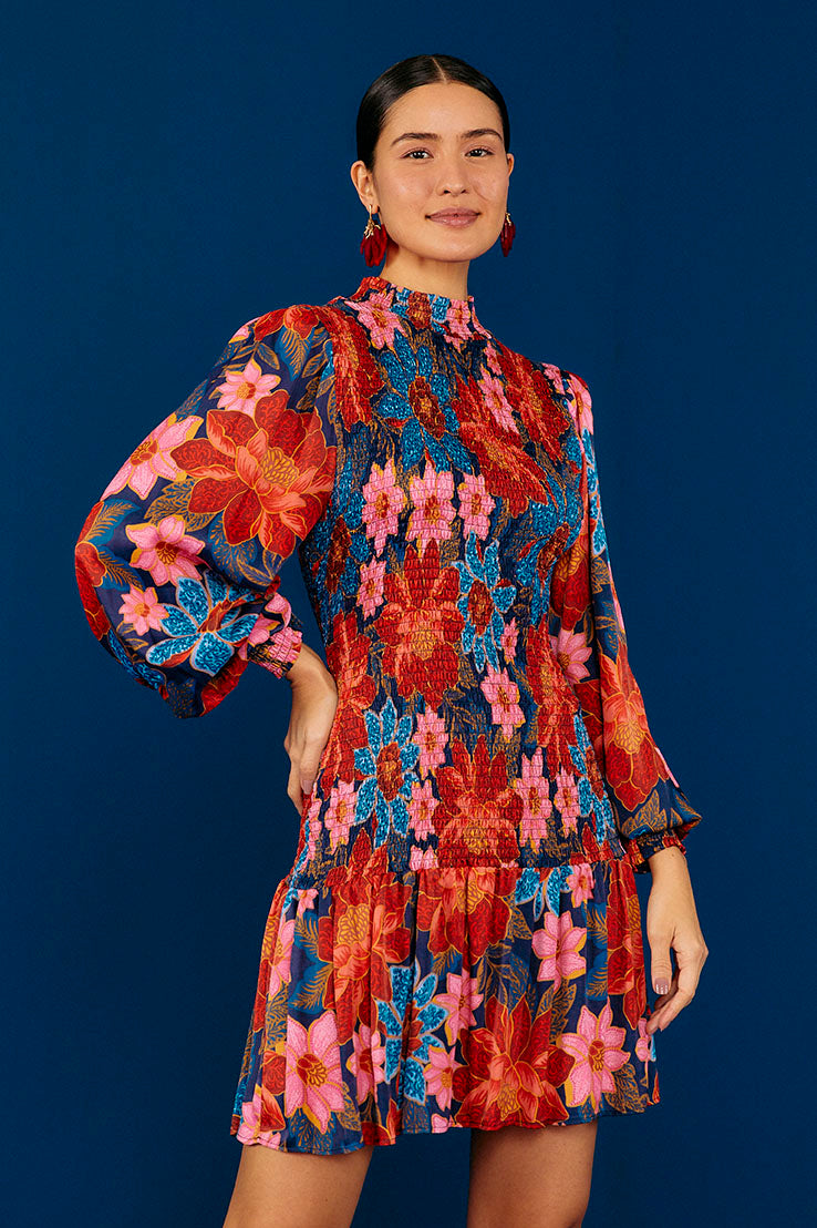 Navy Garden Smocked Mini Dress – FARM Rio